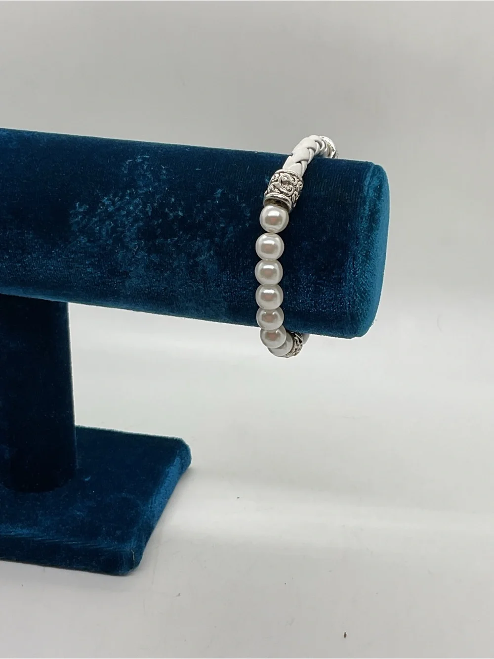Jewelry | White Braided Leather And Faux Pearl Bracelet With Silver ...